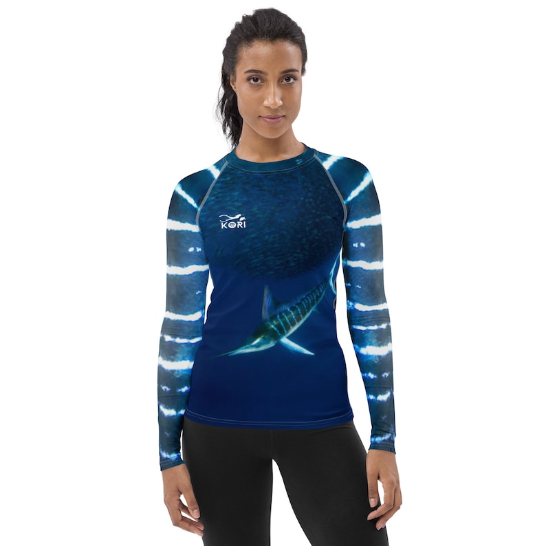 Striped Marlin Longsleeve Womens Rash Guard, Ocean Sportswear Top, UPF ...