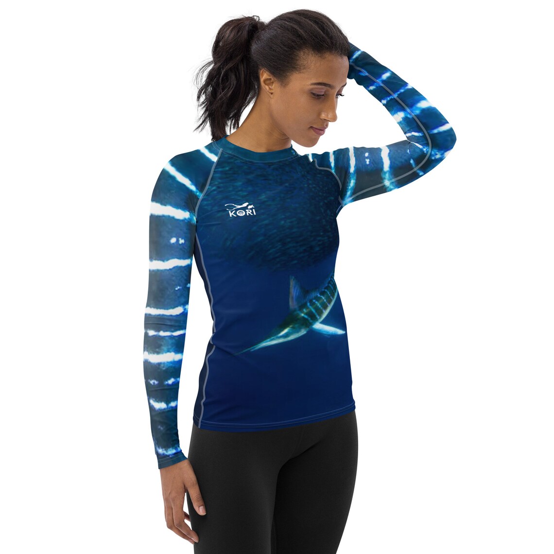 Striped Marlin Longsleeve Womens Rash Guard, Ocean Sportswear Top, UPF ...