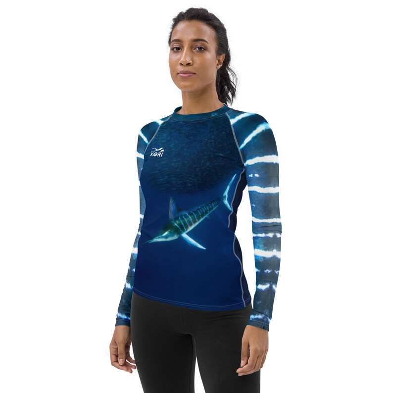 Striped Marlin Longsleeve Womens Rash Guard, Ocean Sportswear Top, UPF ...
