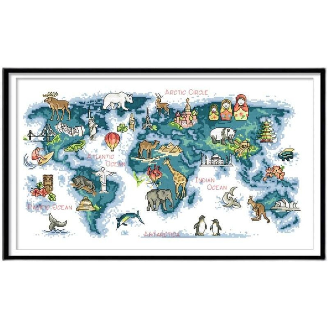 World Map Embroidery Kit DIY Living Room Wall Art Bedroom Poster Cross ...