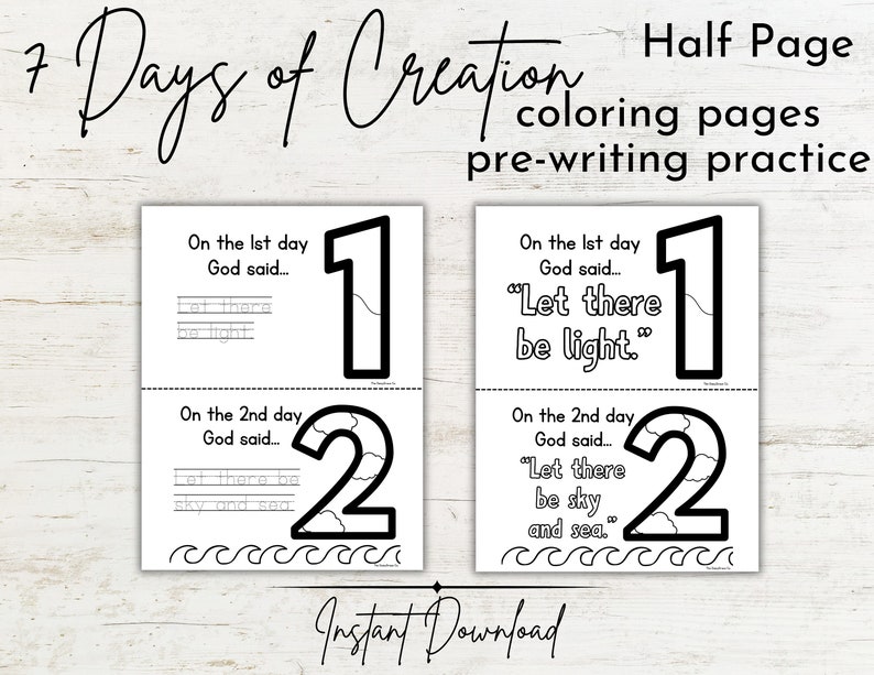7 Days of Creation Coloring Pages and Pre-writing Practice - Etsy
