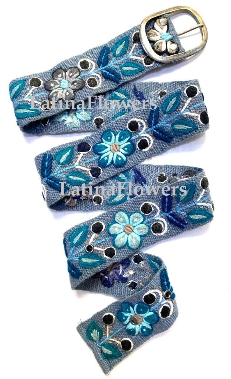 Hand Embroidered Belts Floral Blue Steel Colorful Peruvian Embroidered ...