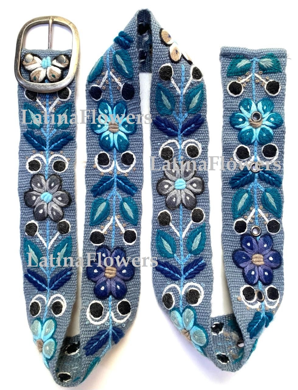 Hand Embroidered Belts Floral Blue Steel Colorful Peruvian Embroidered ...
