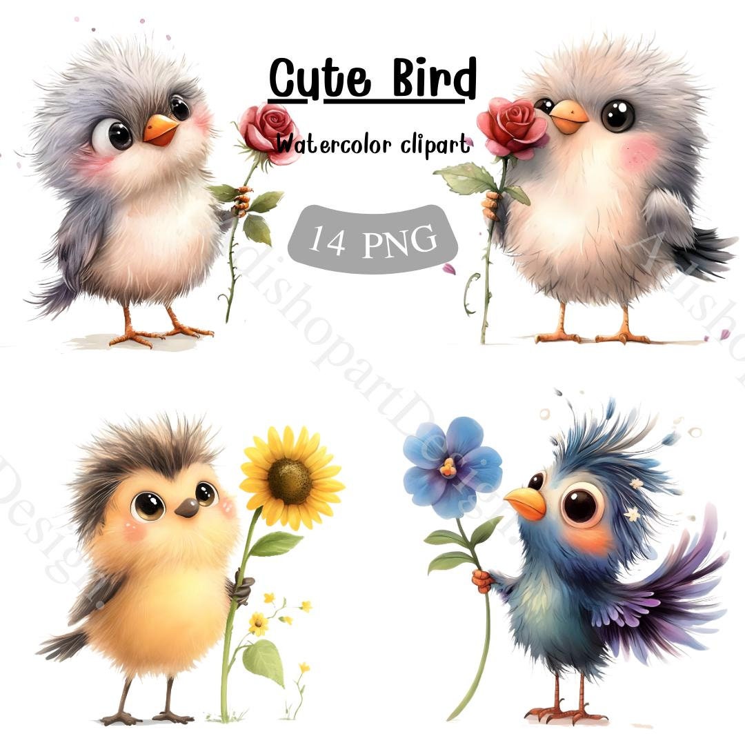 14 Cute Whimsical Bird Clipart, Cute Bird, Watercolor, Clipart PNG ...