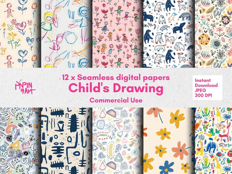 Seamless Kids Art Pattern - Child's Drawing Digital Paper for ...