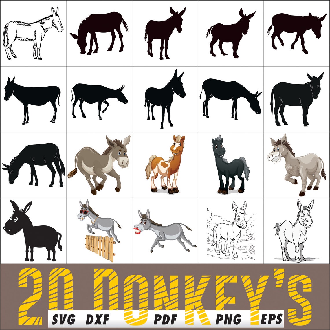 Donkey Svg Bundle, Donkey Clipart, Donkey Cut Files, Donkey Vector ...