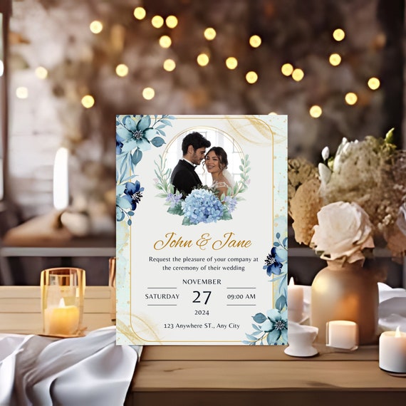 Blue and White Floral Wedding Invitation Wedding Invites Template Invitation Templates Canva Wedding Invitations Templates Wedding Card Etsy