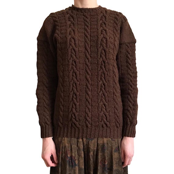 Vintage 1970s chocolate brown cable knit hand knitted… - Gem