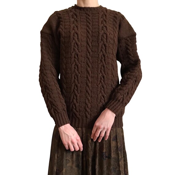 Vintage 1970s chocolate brown cable knit hand knitted… - Gem