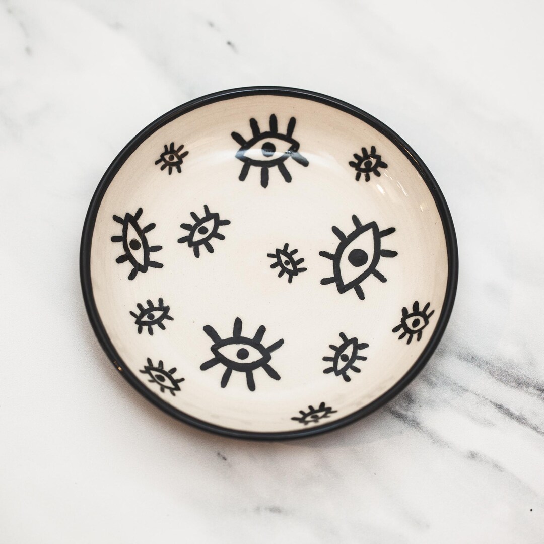 Evil Eyes Smudging Plate, Stoneware Pottery, Clear Glaze Over Painted ...