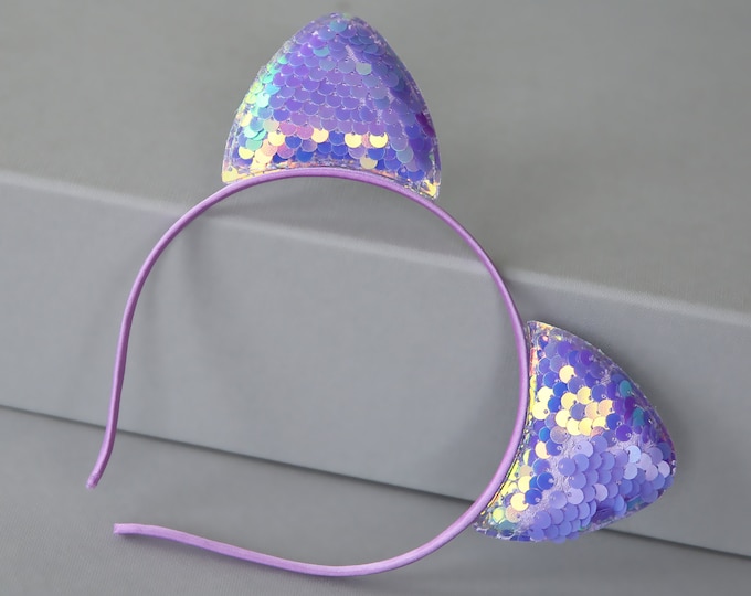 Cat Ear Sequin Headband Sequin Cat Headband Pastel Rainbow Cat Headband ...
