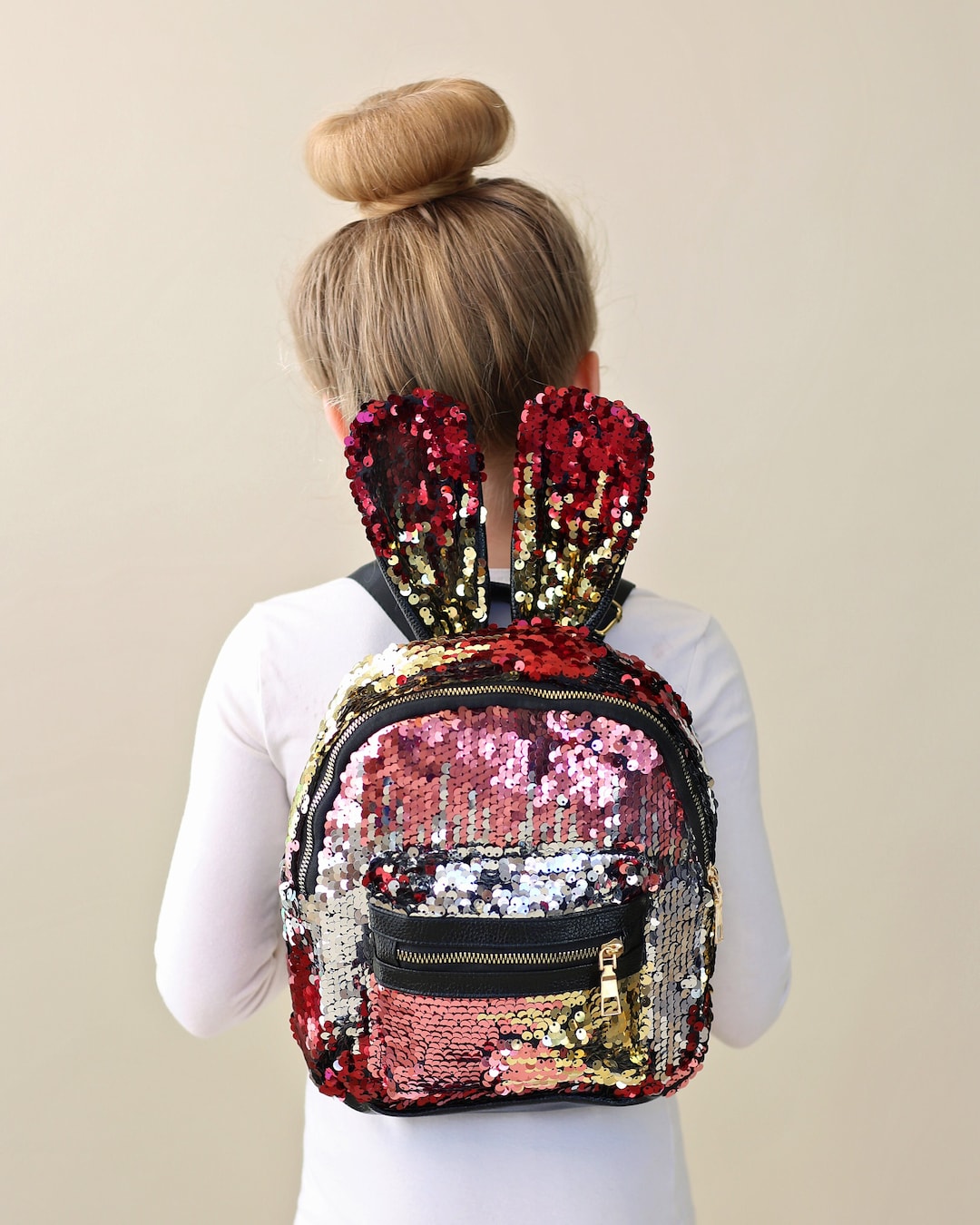 Cute Sequin Bunny Backpack for Kids, Pink and Gold Travel Backpack ...