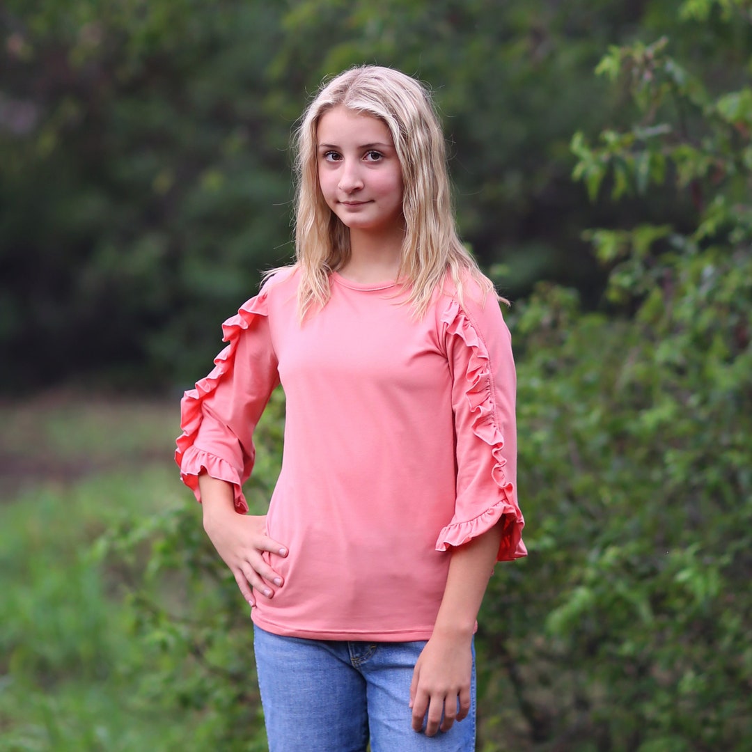 Girls Coral Ruffled Sleeve Shirt - Coral Shirt, Pink Shirt, Ruffled ...