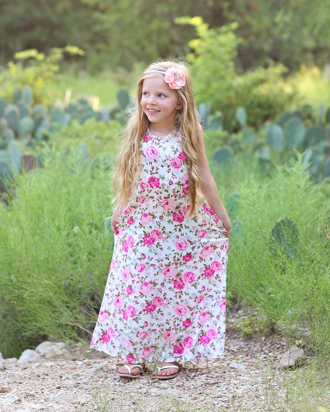 Girls Pink Roses Maxi Dress - Maxi Dress - Flower Maxi Dress - Floral ...