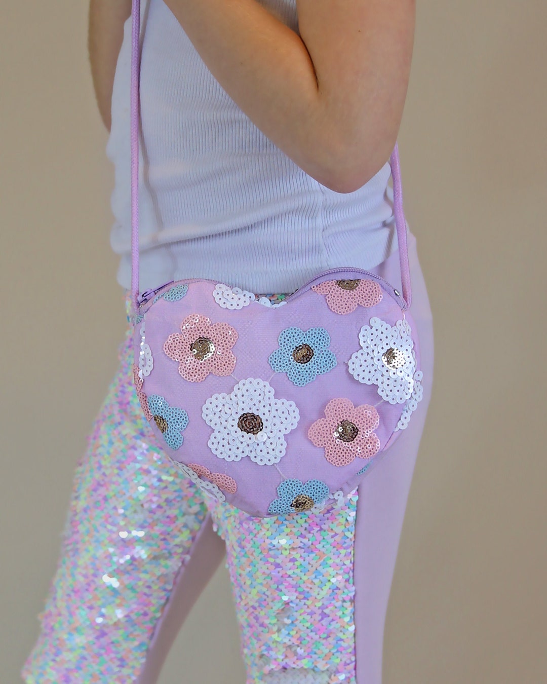 Flower Heart Sequin Purse - Flower Sequin Heart Bag - Girls Heart Purse - Aqua and Pink Floral ...