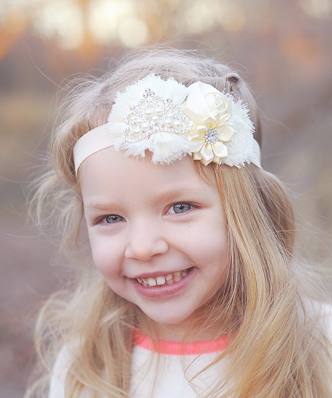 Girls Cream Tiara Floral Headband -bow Headband - Birthday Headband ...