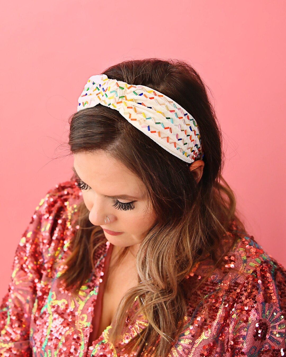 White and Rainbow Sprinkle Knotted Headband- Knotted Headband, Birthday ...