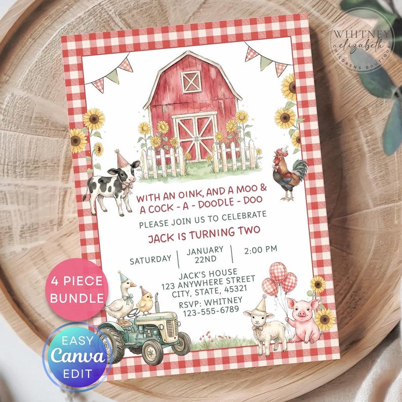 Editable Barn Animals Invitation, Farm Birthday Party Invite, Animal ...