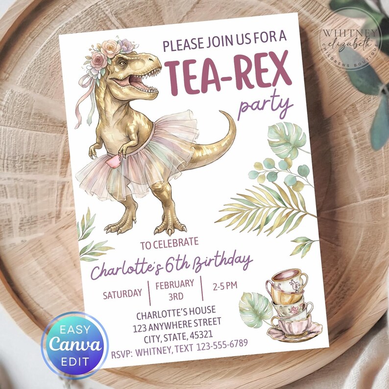 Editable Dinosaur Invite, Girl Dino Party Invitation, Tea Rex Dinosaur ...