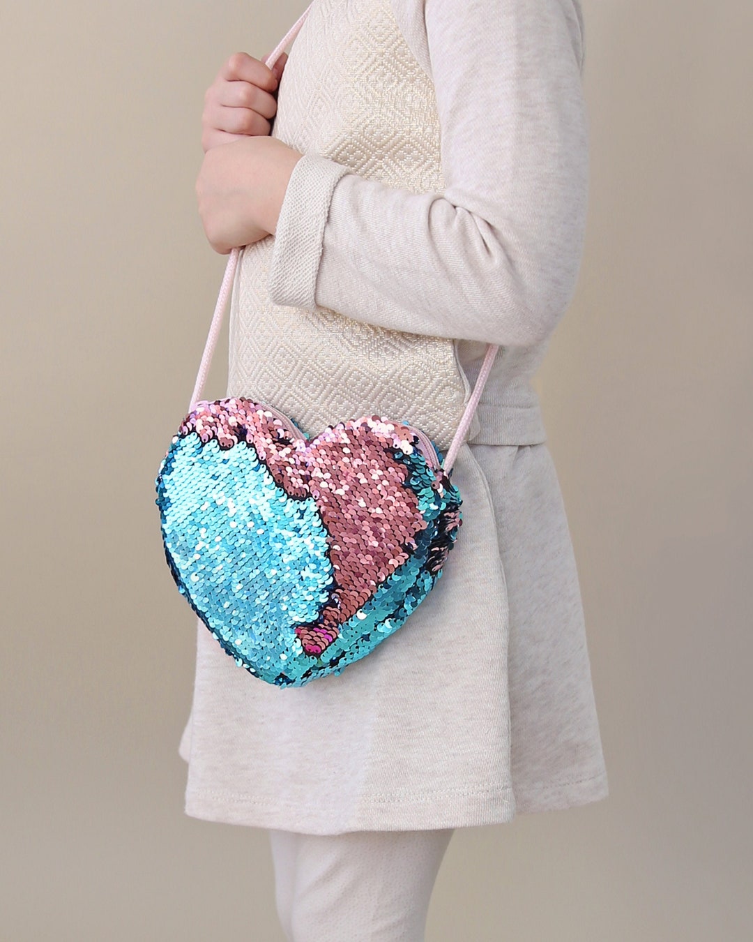 Heart Sequin Purse - Flip Sequin Heart Bag - Girls Heart Purse - Aqua ...