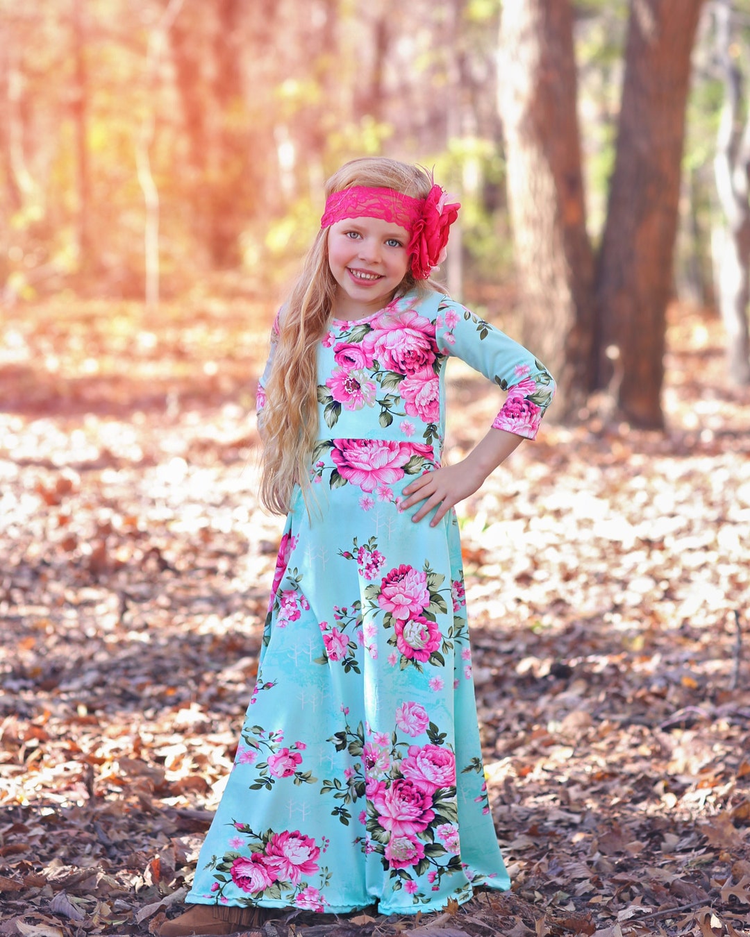 Girls Aqua Flower Maxi Dress- Maxi Dress, Gift for Her, School Dress ...