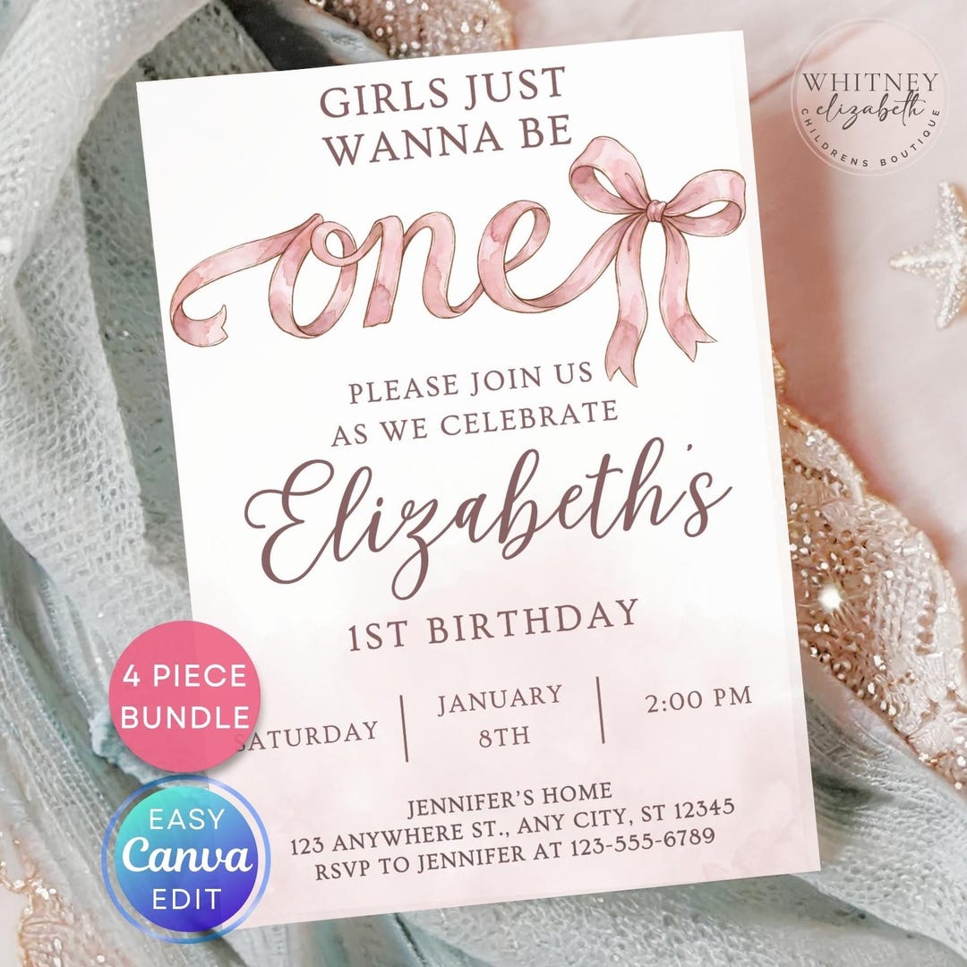 Girls 1st Birthday Invitation, Pink Bow Birthday Invite, Turning One ...