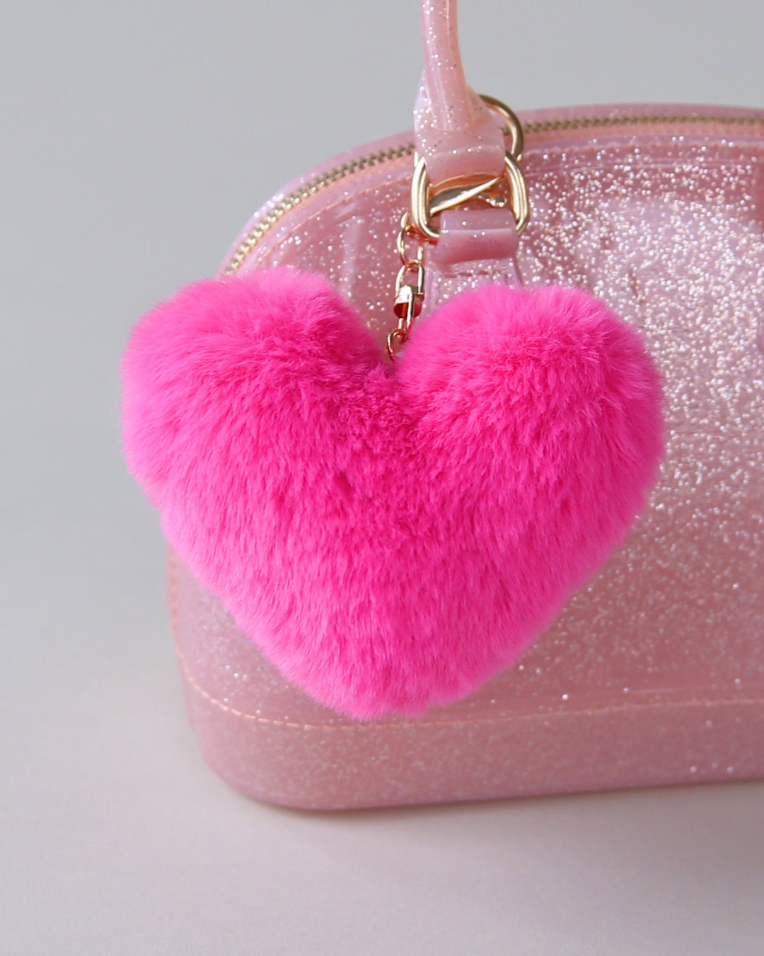 Fuzzy Hot Pink Heart Keychain Hot Pink Keychain, Pink Sequin Keychain ...