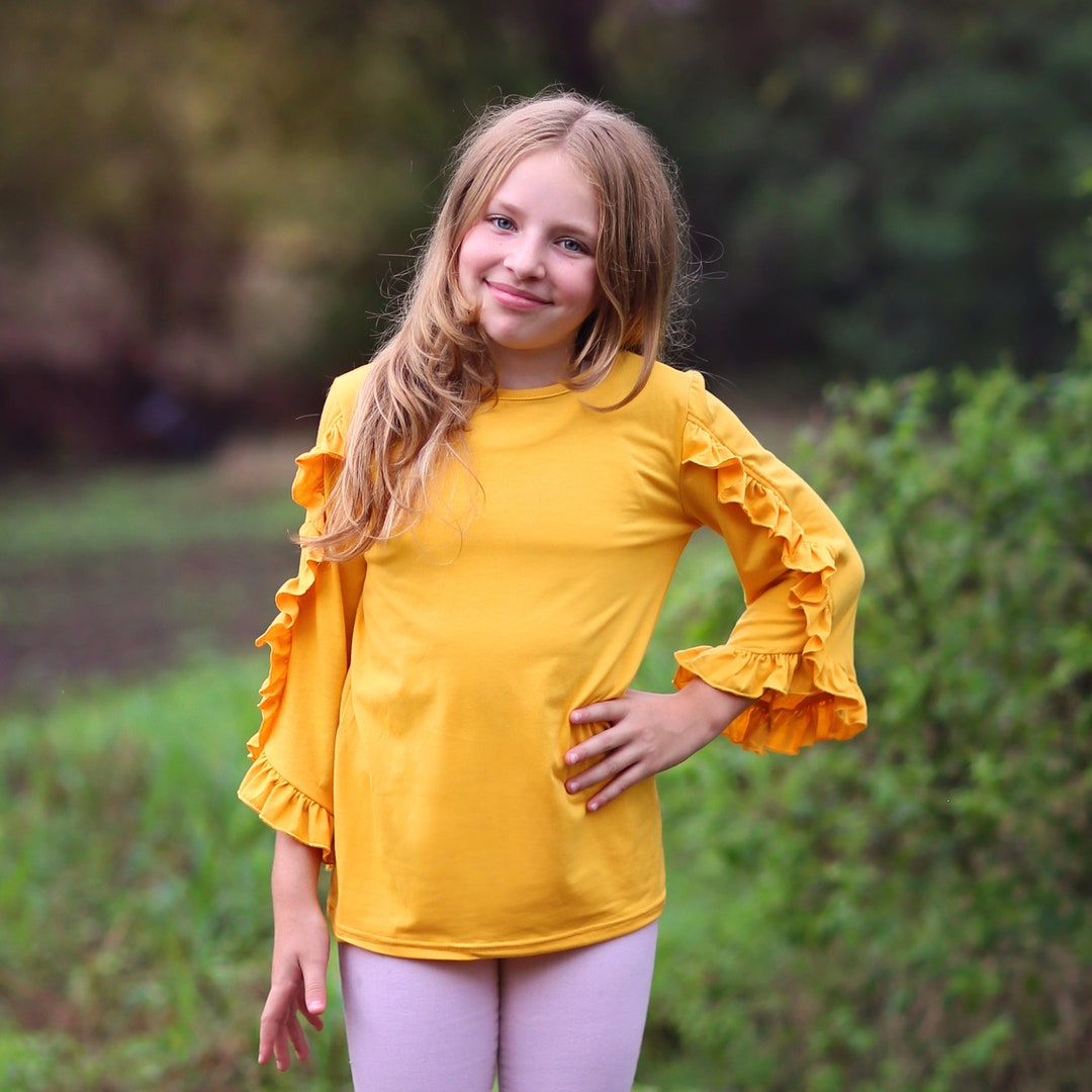 Girls Yellow Ruffled Sleeve Shirt- Yellow Shirt, Yellow Ruffled Shirt ...