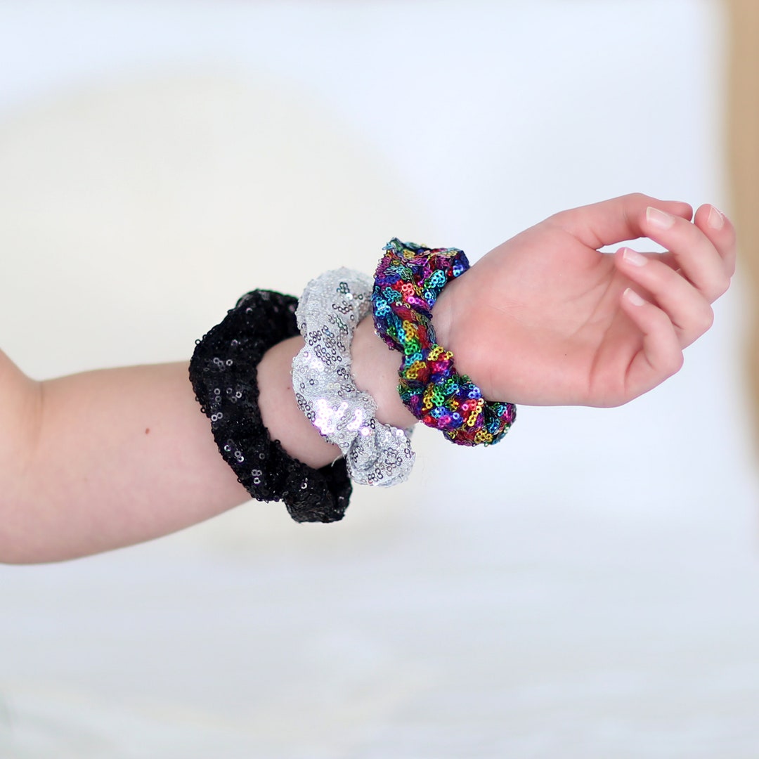 3 Sequin Hair Scrunchies - Scrunchie Set - Black, Silver and Rainbow ...