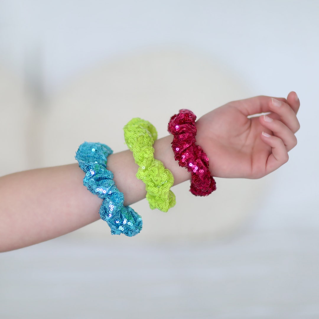 3 Sequin Hair Scrunchies - Scrunchie Set - Turquoise, Lime and Hot Pink ...