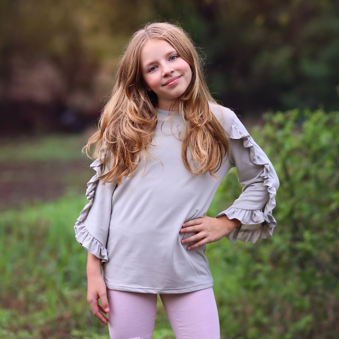 Girls Light Gray Ruffled Sleeve Shirt - Lt Gray Shirt, Ruffled Shirt ...