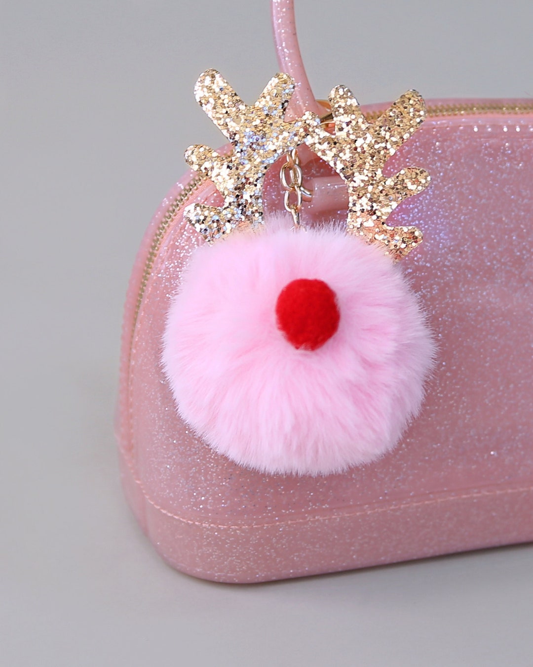 Fuzzy Pink Reindeer Keychain Sequin Keychain Pink Sequin - Etsy