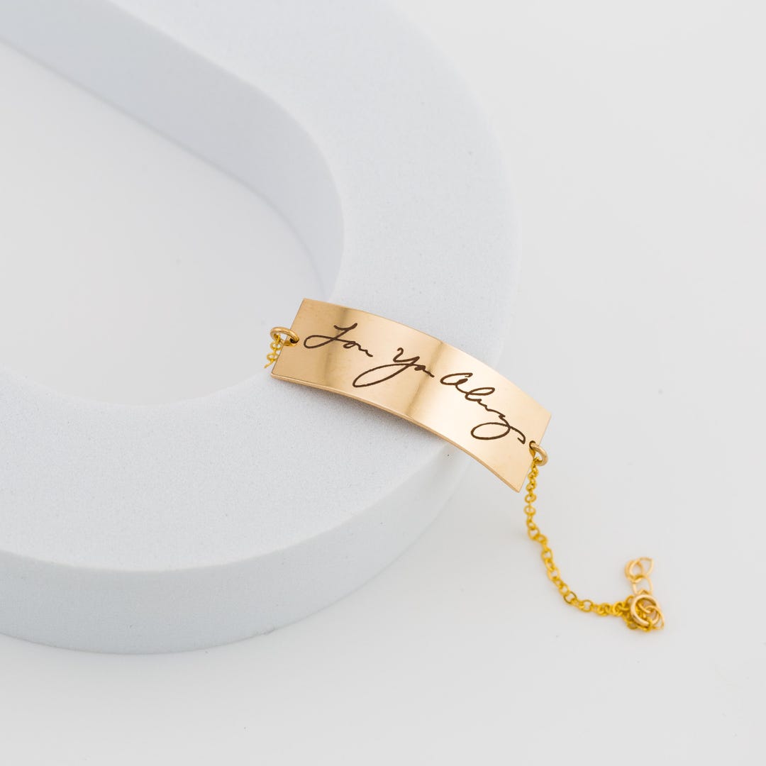 Engraved Actual Handwritten Long Bar Bracelet, Personalized Large Bar ...