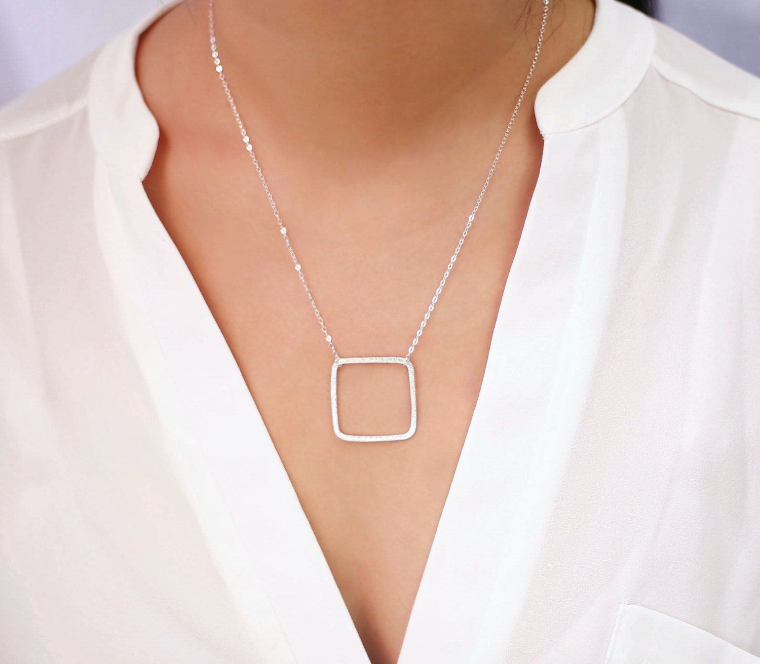 Square Necklace Statement Necklace Silver Geometric | Etsy