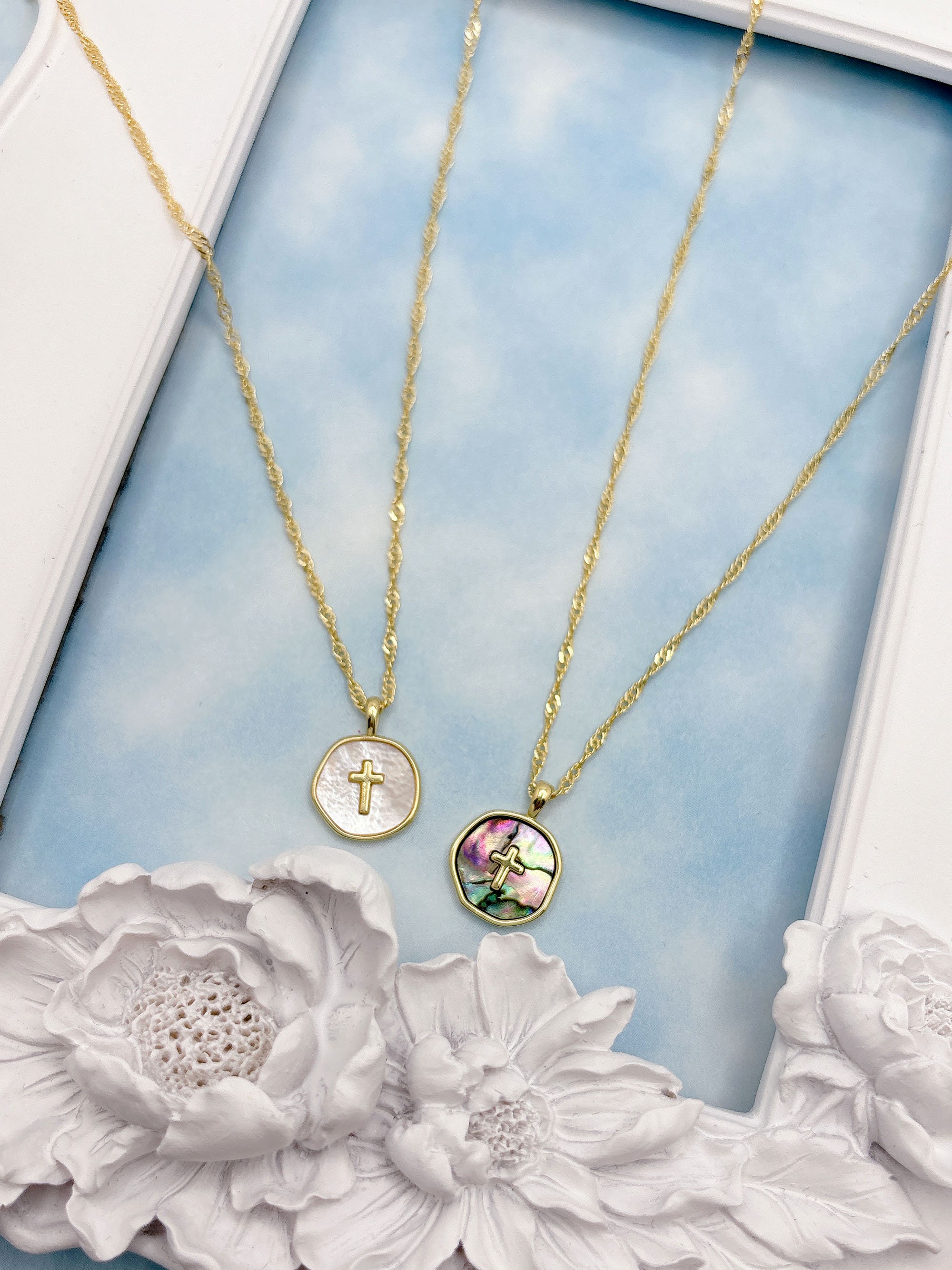 Mother of Pearl Cross Necklace. Abalone Shell Cross Necklace. Baptism ...