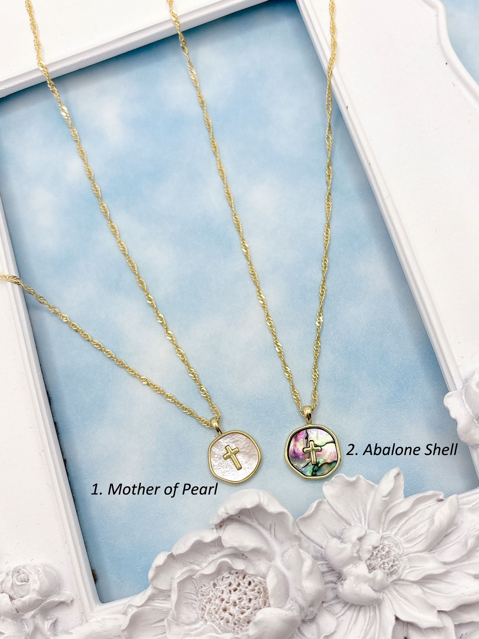Mother of Pearl Cross Necklace. Abalone Shell Cross Necklace. Baptism ...