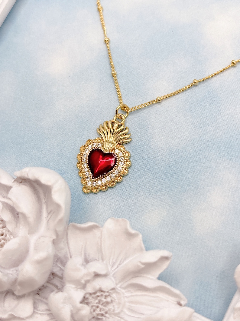 Sacred Heart Necklace. Vintage Red Catholic Necklace. Protection ...