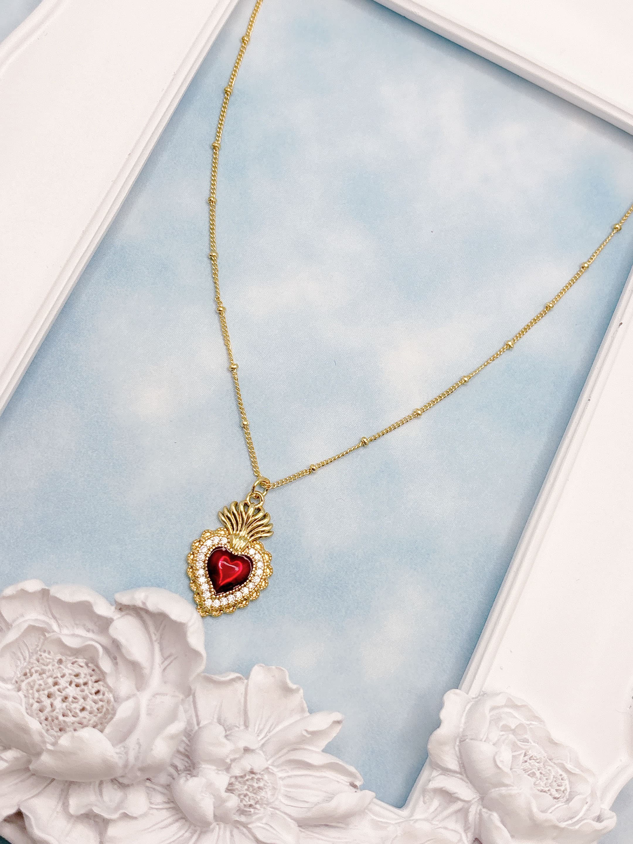 Sacred Heart Necklace. Vintage Red Catholic Necklace. Protection ...