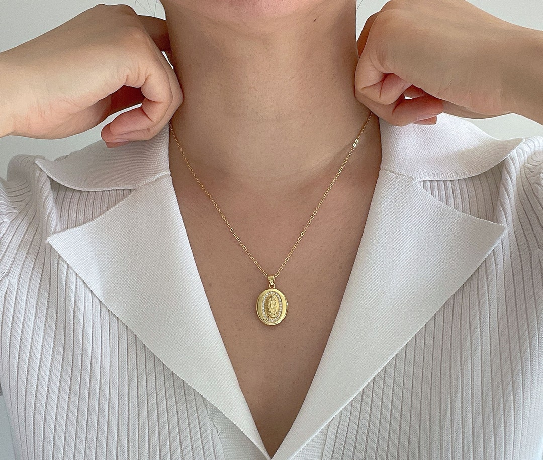 Gold Virgin Mary Locket Necklace. Mother Mary Locket. Catholic ...