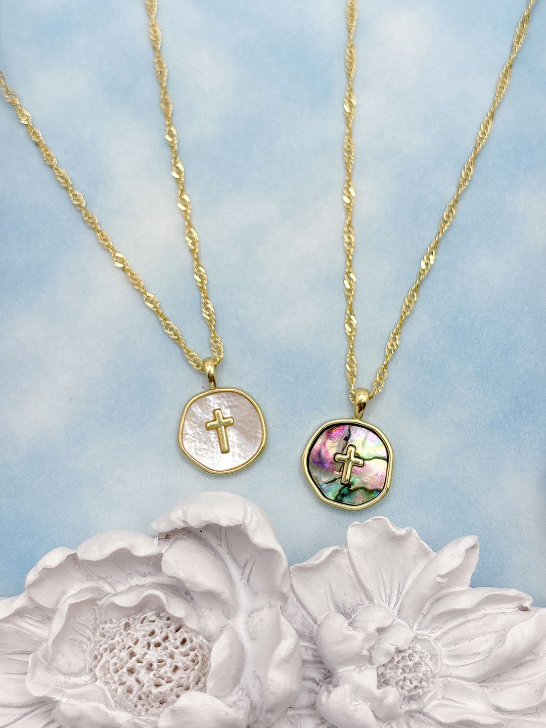 Mother of Pearl Cross Necklace. Abalone Shell Cross Necklace. Baptism ...