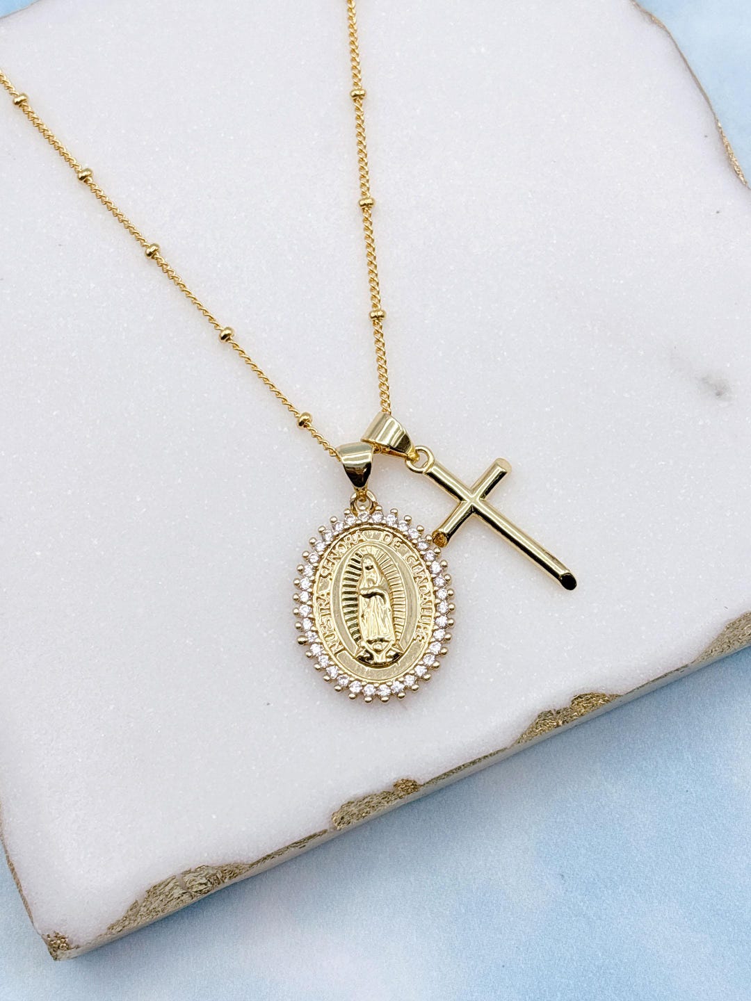 Virgin Mary Necklace With Cross. Miraculous Pendant. Catholic Gift ...