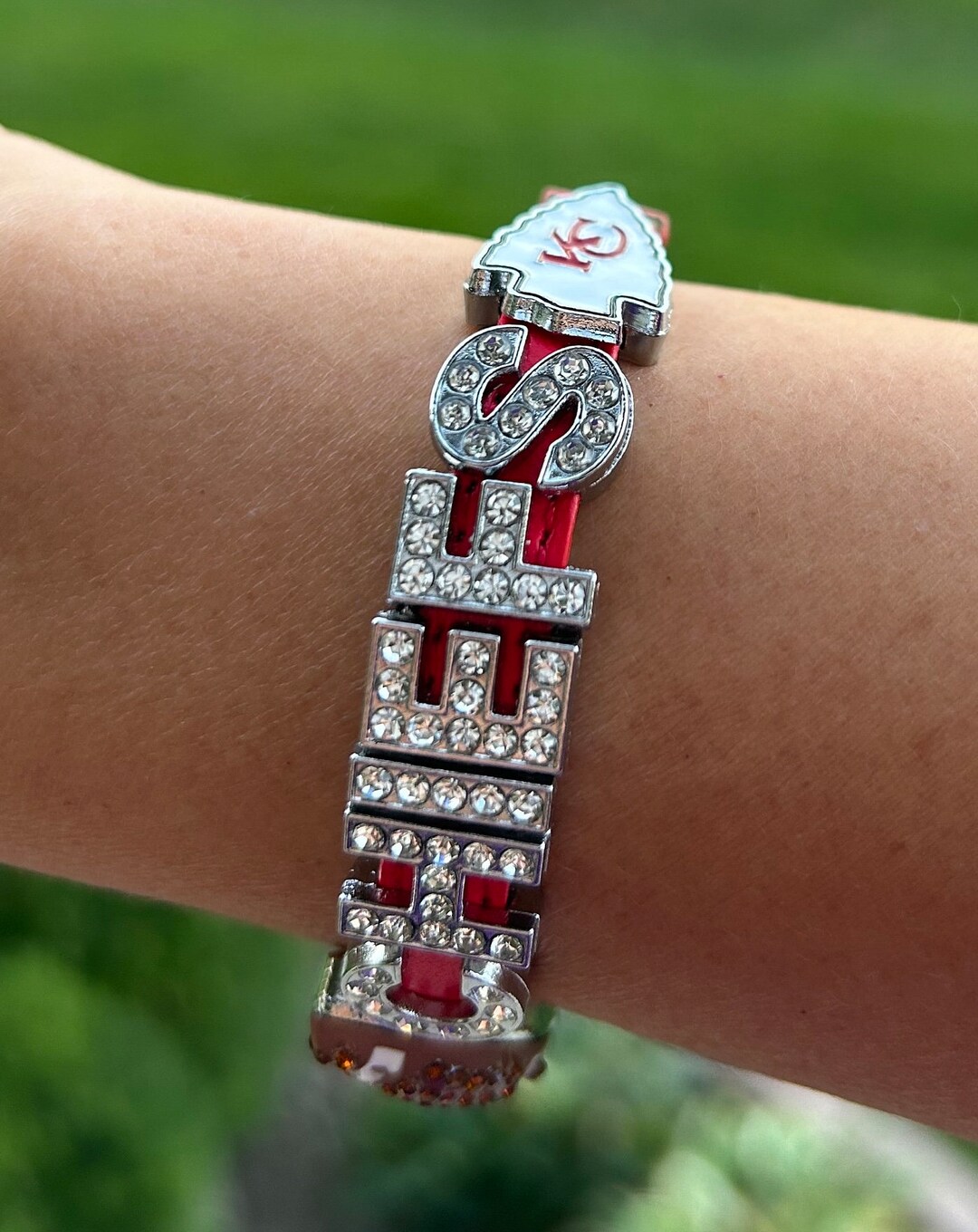 Kansas City Chiefs Rhinestone Bracelet: Adjustable Leather Fan Jewelry ...