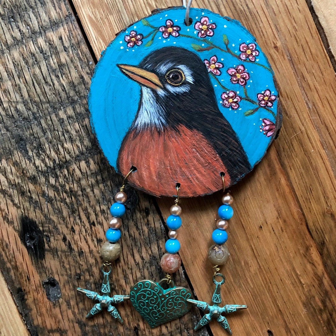 One-of-a-kind Hand-painted Robin Hanging Ornament Magical Fairy Garden ...