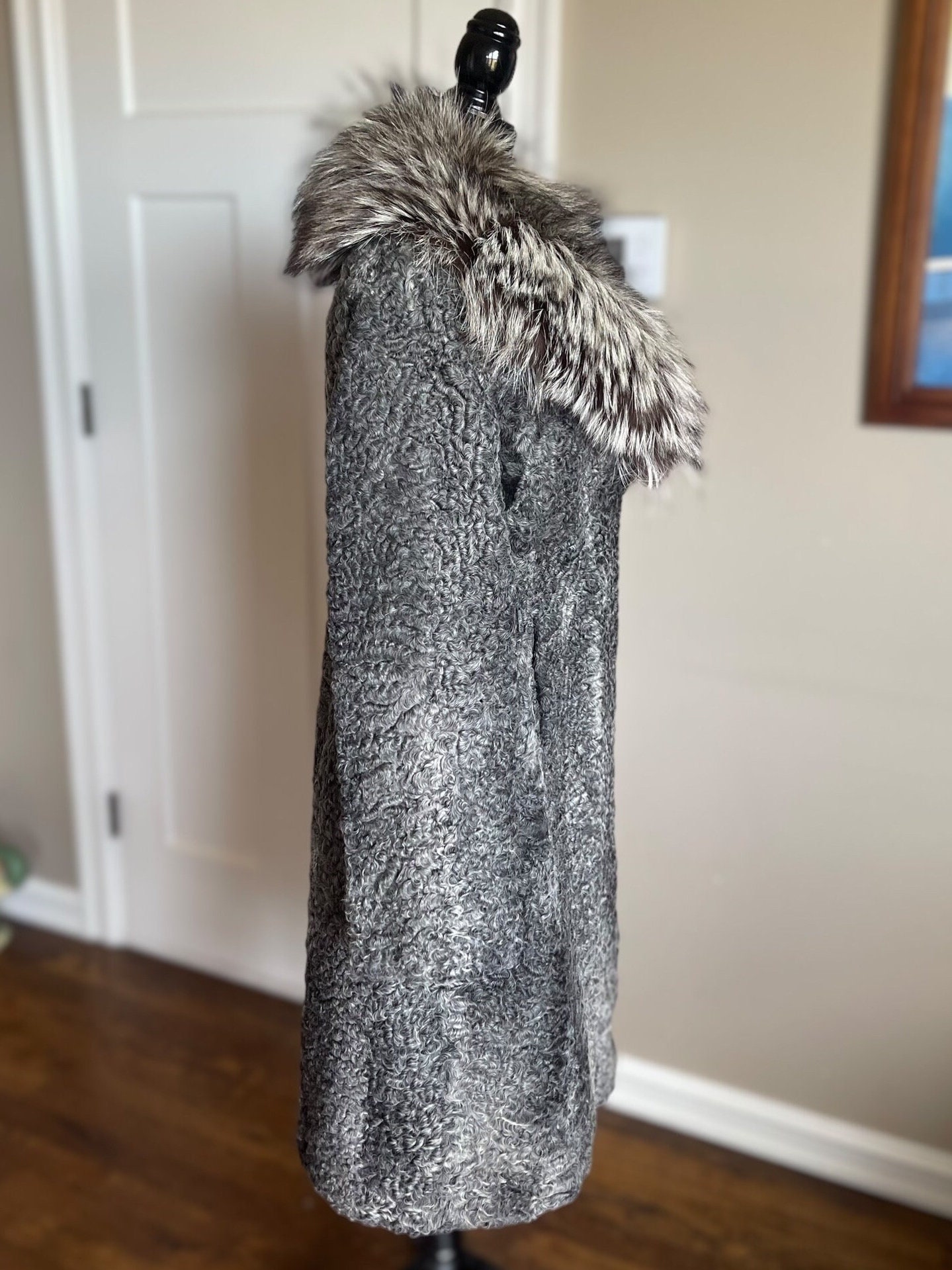 NEW Gray Karakul Persian Lamb Fur Trench Coat Mid Length With Silver ...