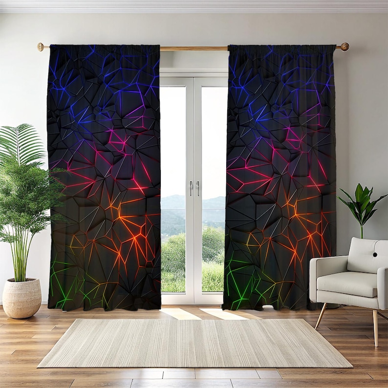Geometric RGB Lines Window Curtains, Neon Polygon 3D Effect Decor - Etsy