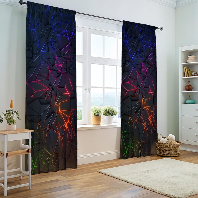 Geometric RGB Lines Window Curtains, Neon Polygon 3D Effect Decor - Etsy