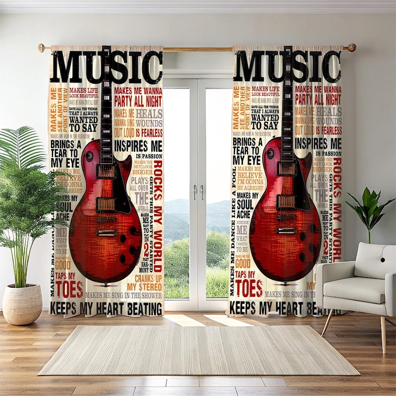Electric Guitar Typography Curtains, Rock Music Quote Window Drapes ...