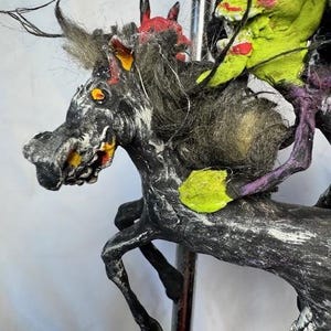 Hand Sculpted Primitive Halloween Witch With Flying Cape Riding Black ...