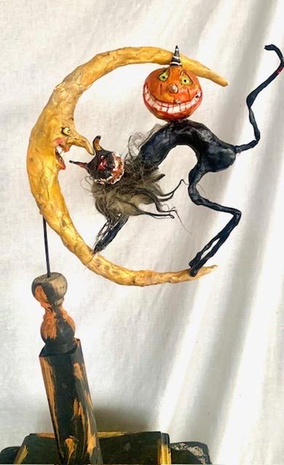 Handmade Paper Mache Creepy Vintage Look Halloween Black Spitting Cat ...