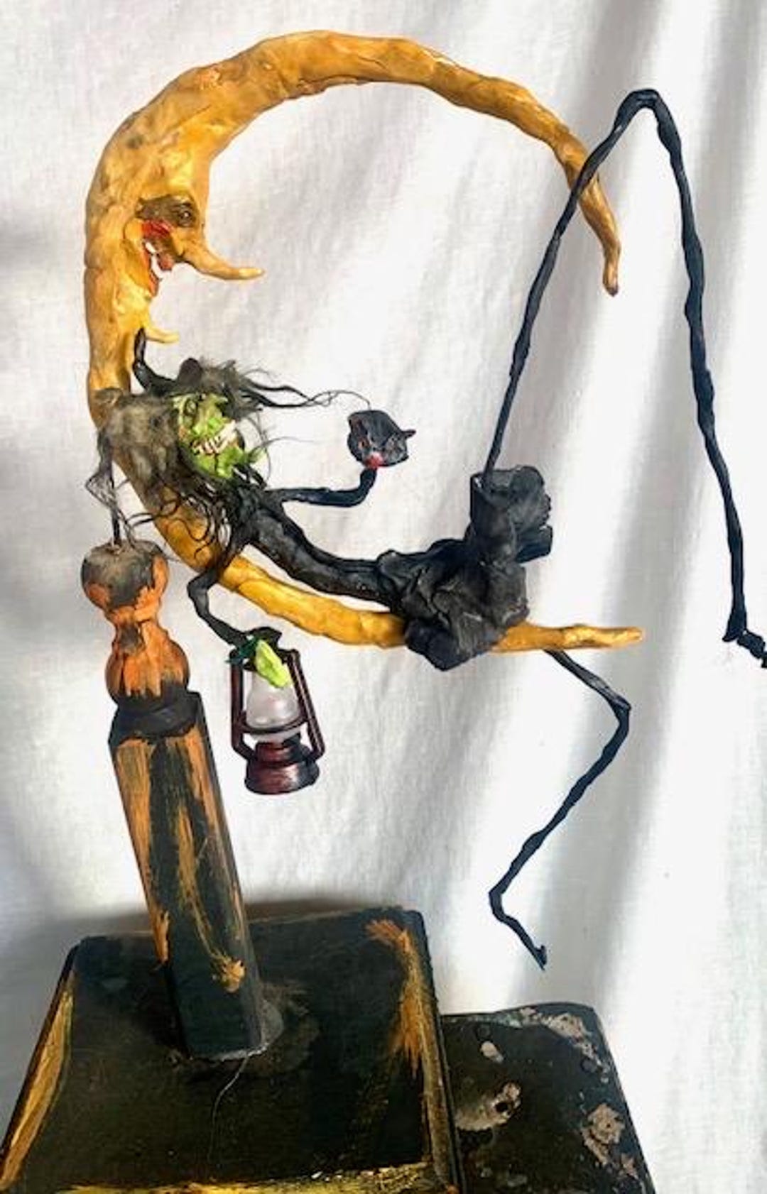 Handmade Paper Mache Creepy Halloween Witch Relaxing on Spooky Crescent ...